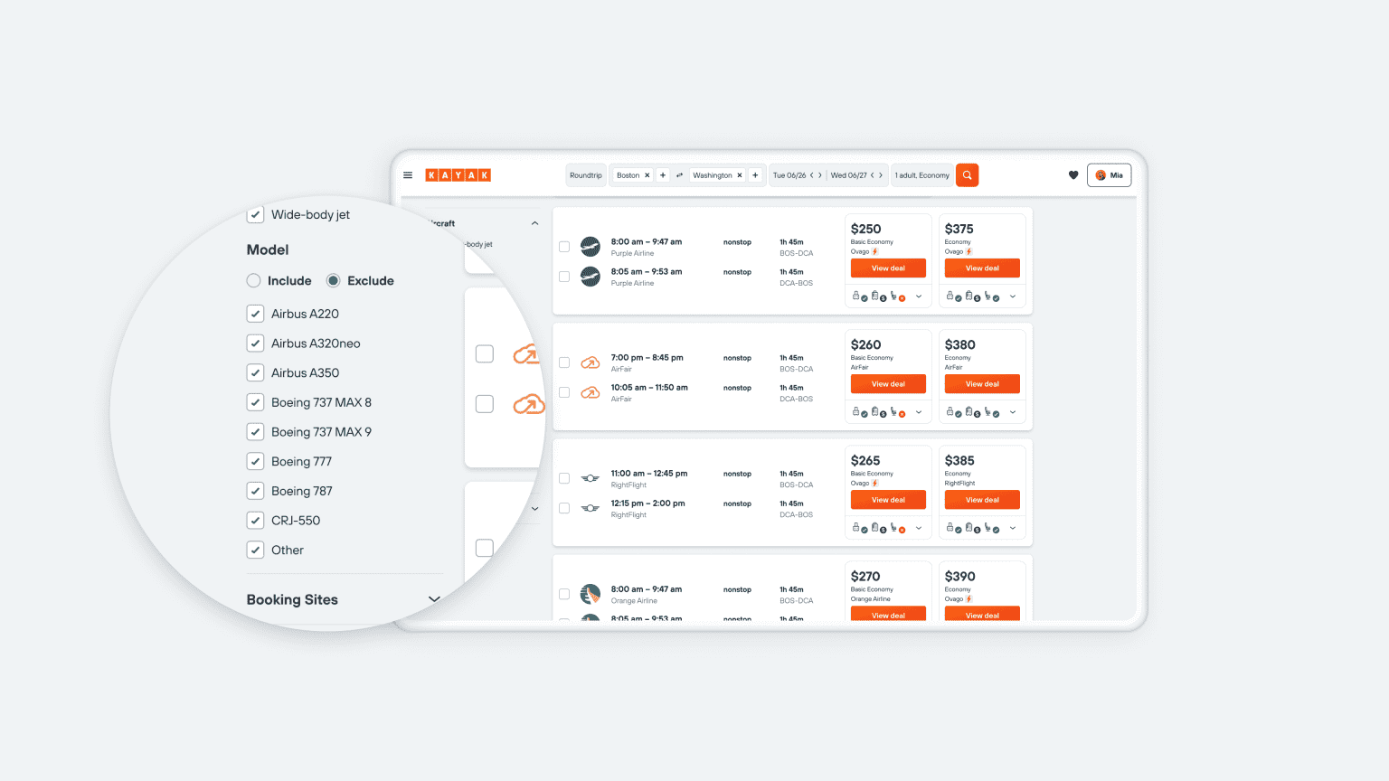 KAYAK’s aircraft filter for flights | KAYAK