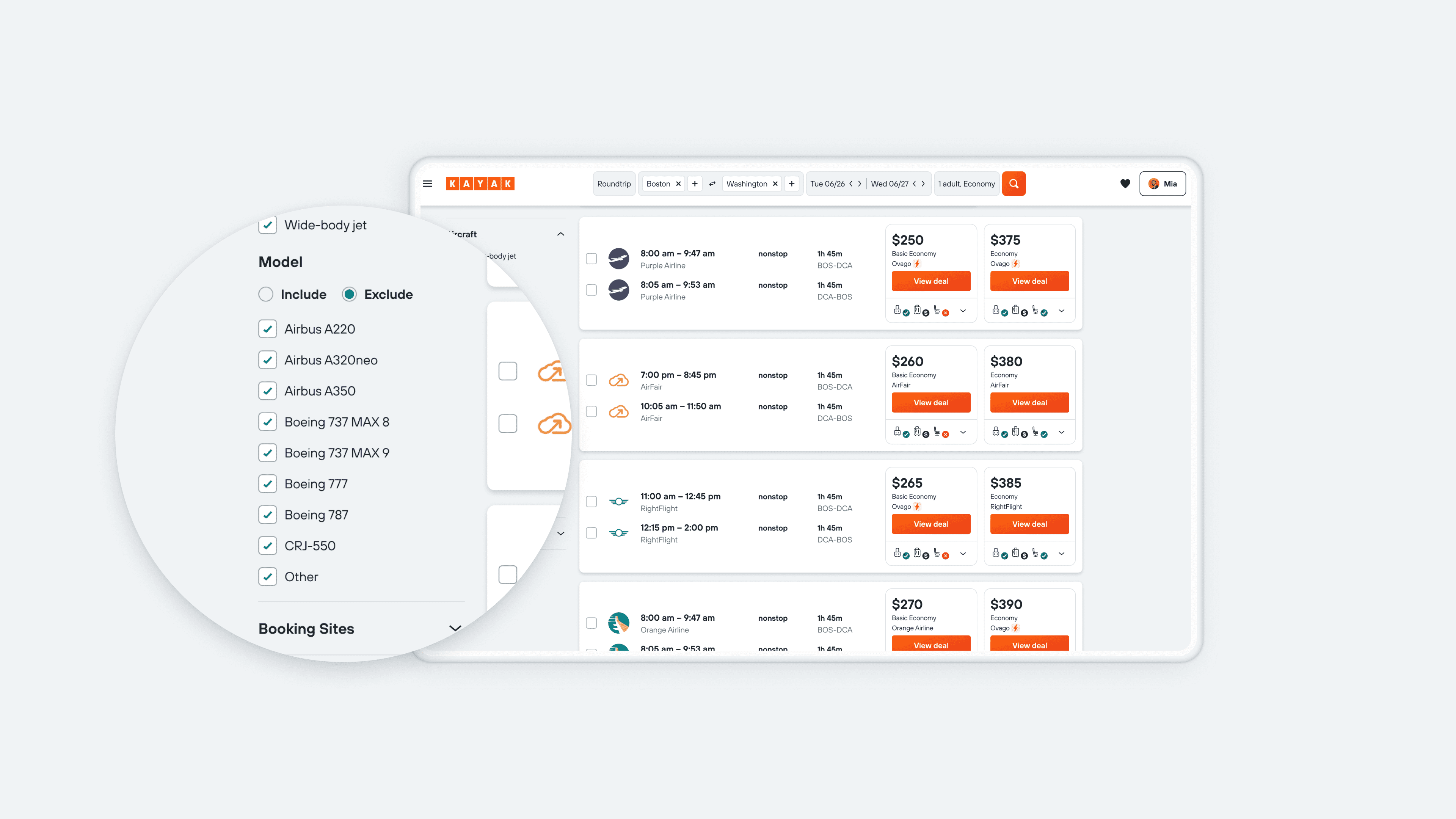 KAYAK’s aircraft filter for flights | KAYAK